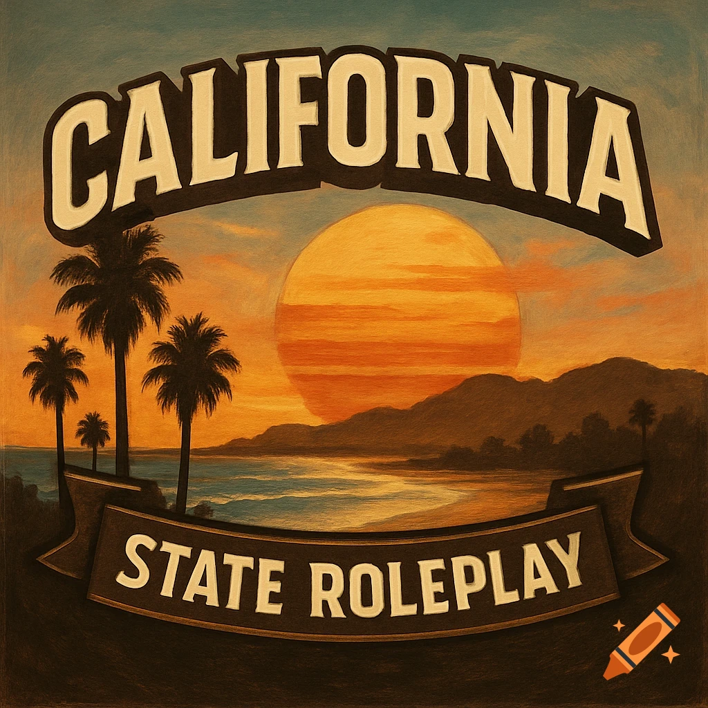 Retro-style logo for "California State Roleplay" featuring a sunset ...