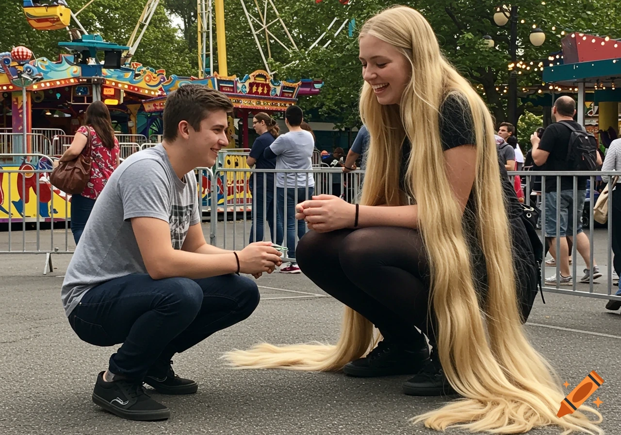 A young man and a woman with extremely long blonde hair crouch and ...