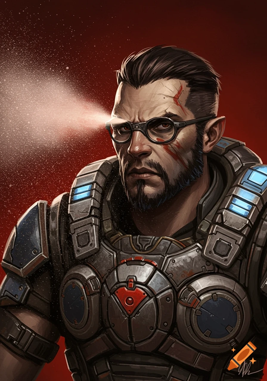 Illustration of a bearded man in futuristic armor with glasses and ...