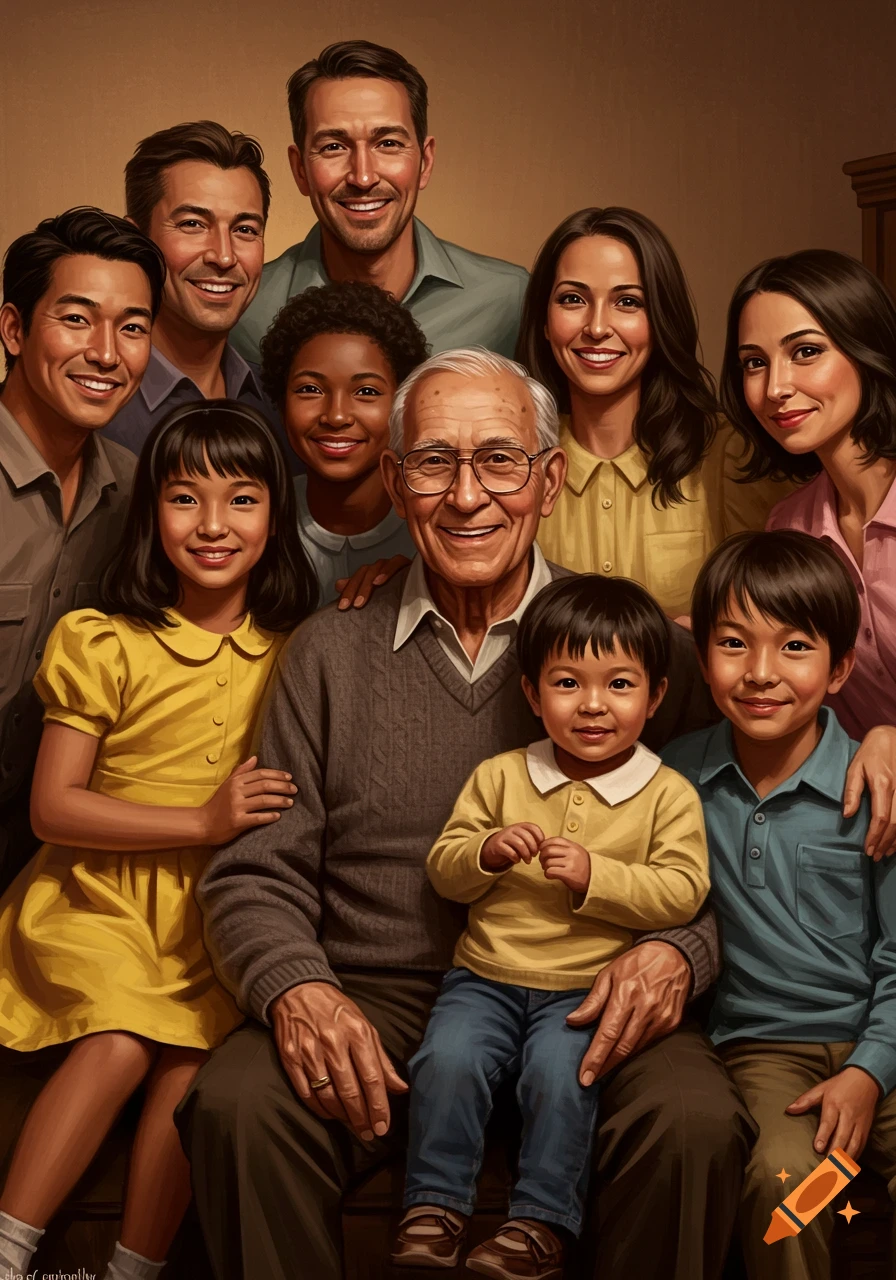 A large, diverse multi-generational family poses for a photorealistic ...