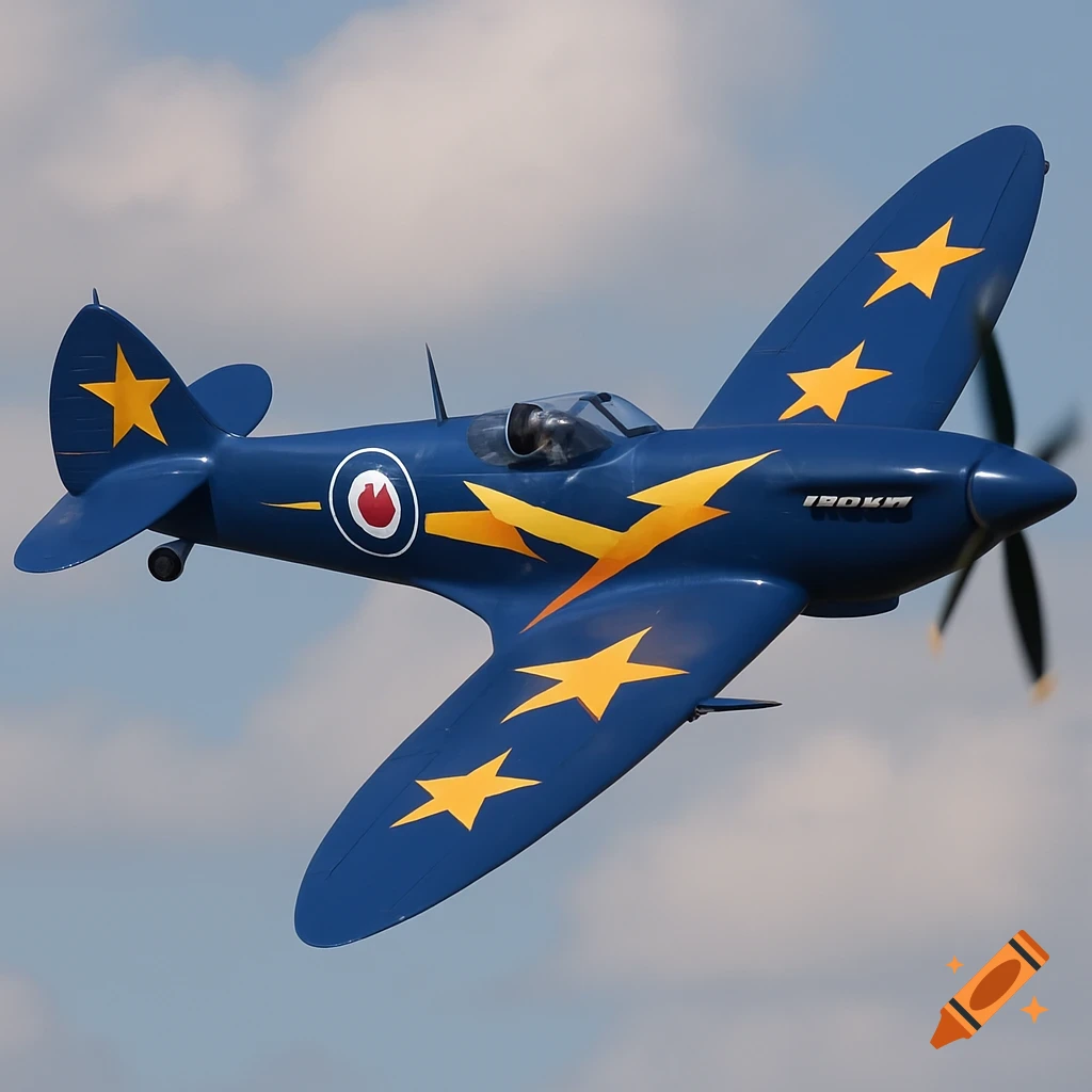 A blue model airplane adorned with yellow stars and lightning bolts ...