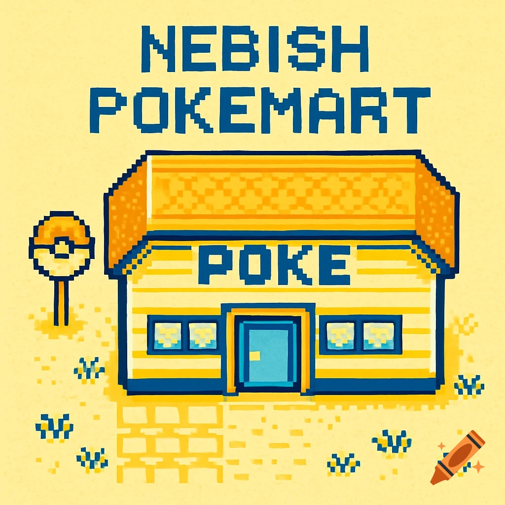 Pixel art of a yellow and blue building labeled 'NEBISH POKEMART' and ...