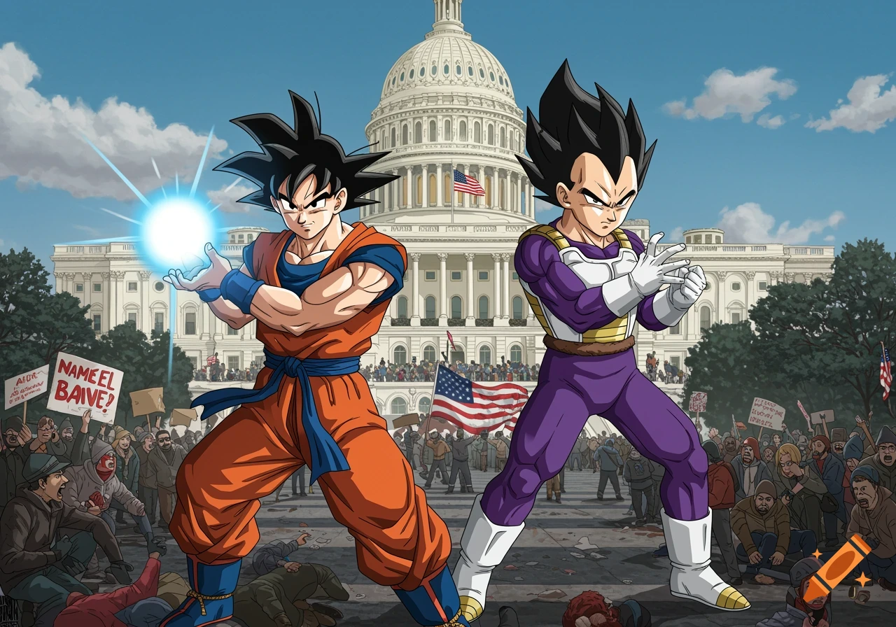 Goku and Vegeta stand in a stylized anime scene in front of the US ...