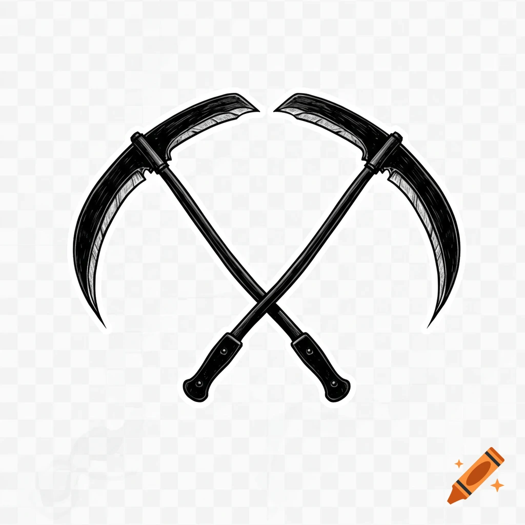 Black and white stylized illustration of two crossed scythes with a ...