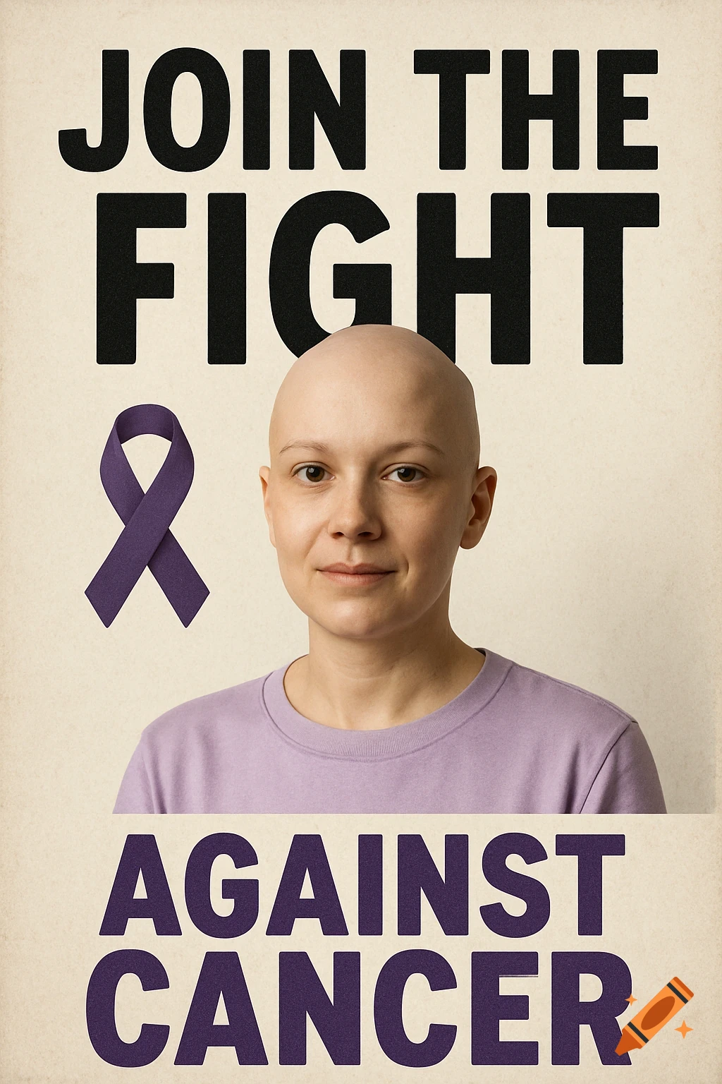 A solemn bald woman smiles slightly on a beige poster with a purple ...