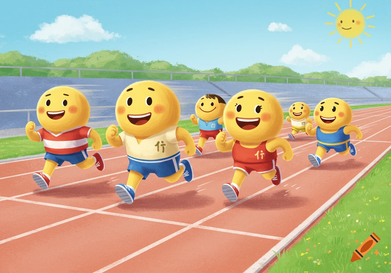 Cartoon smiley faces wearing running outfits race on a track under a ...