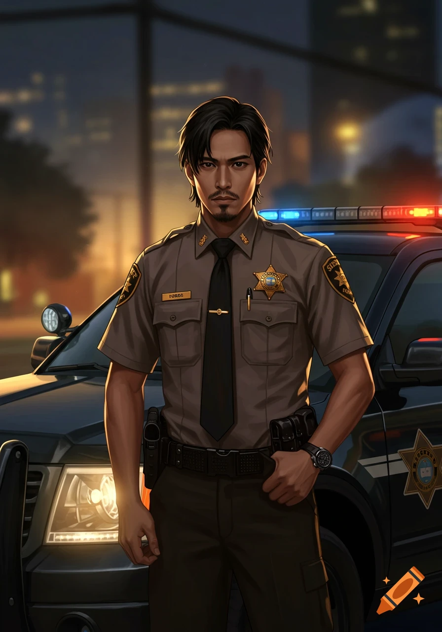 A young male sheriff in uniform with a goatee stands in front of a ...