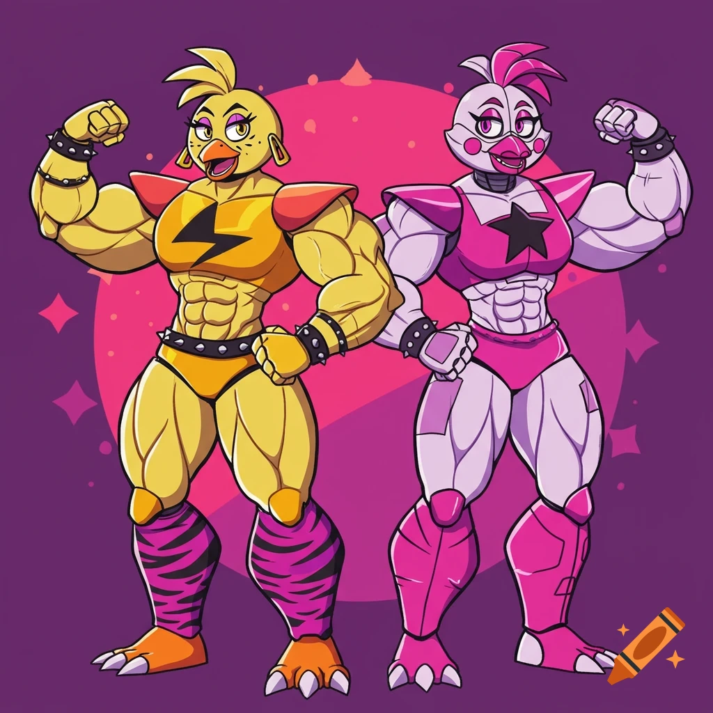 Two muscular cartoon bird characters, one yellow with a lightning bolt ...
