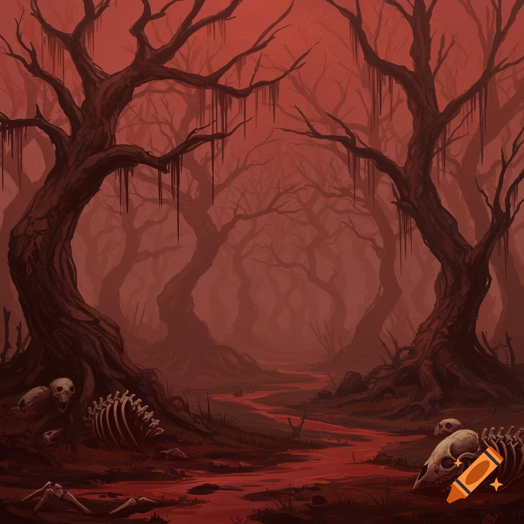 A dark, eerie forest with twisted, bare trees and a crimson river ...