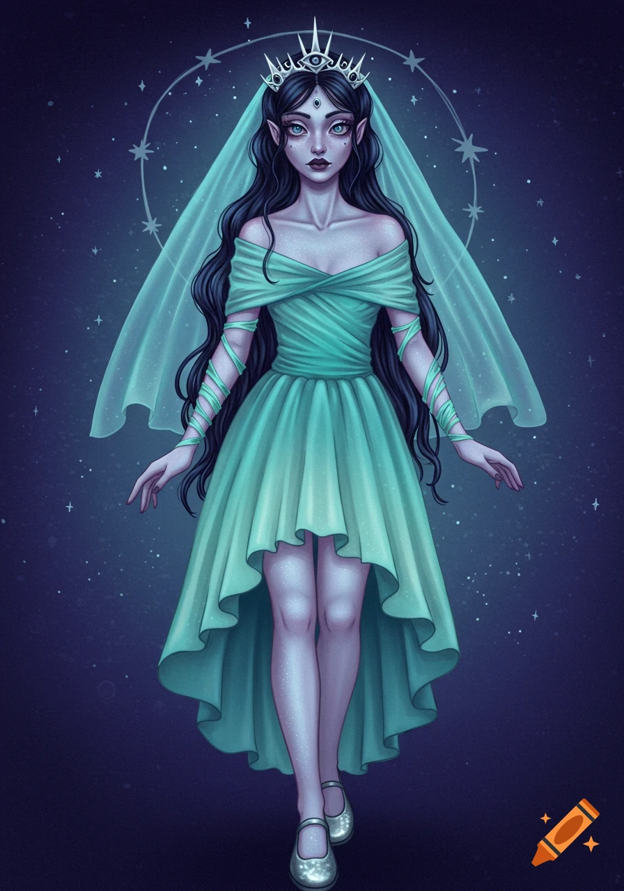 A stylized illustration of a pale elf-like woman with long dark hair ...
