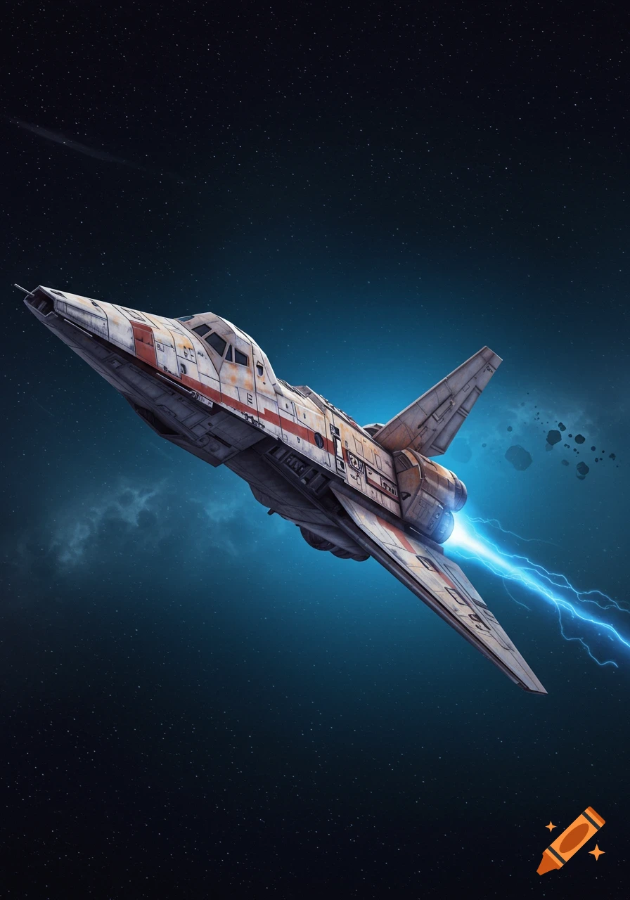 A detailed spaceship with red and orange markings flies through space ...