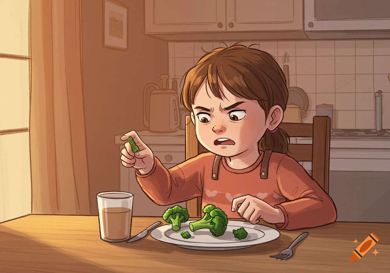 An unhappy child sits at a kitchen table, pushing away a plate of ...