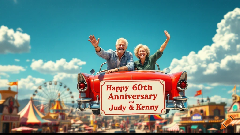 An elderly couple happily waving in a red vintage convertible flying ...