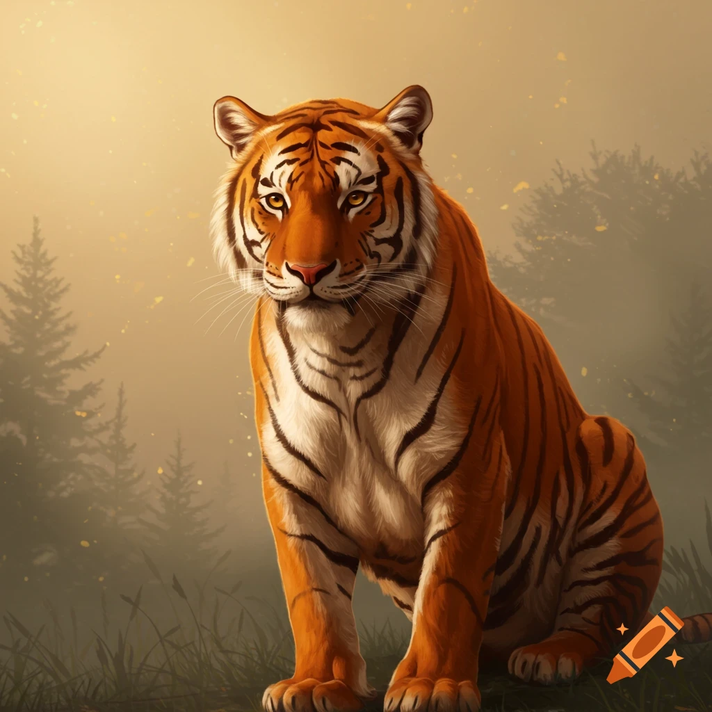 A majestic orange and black striped tiger sits in a warm, misty forest ...