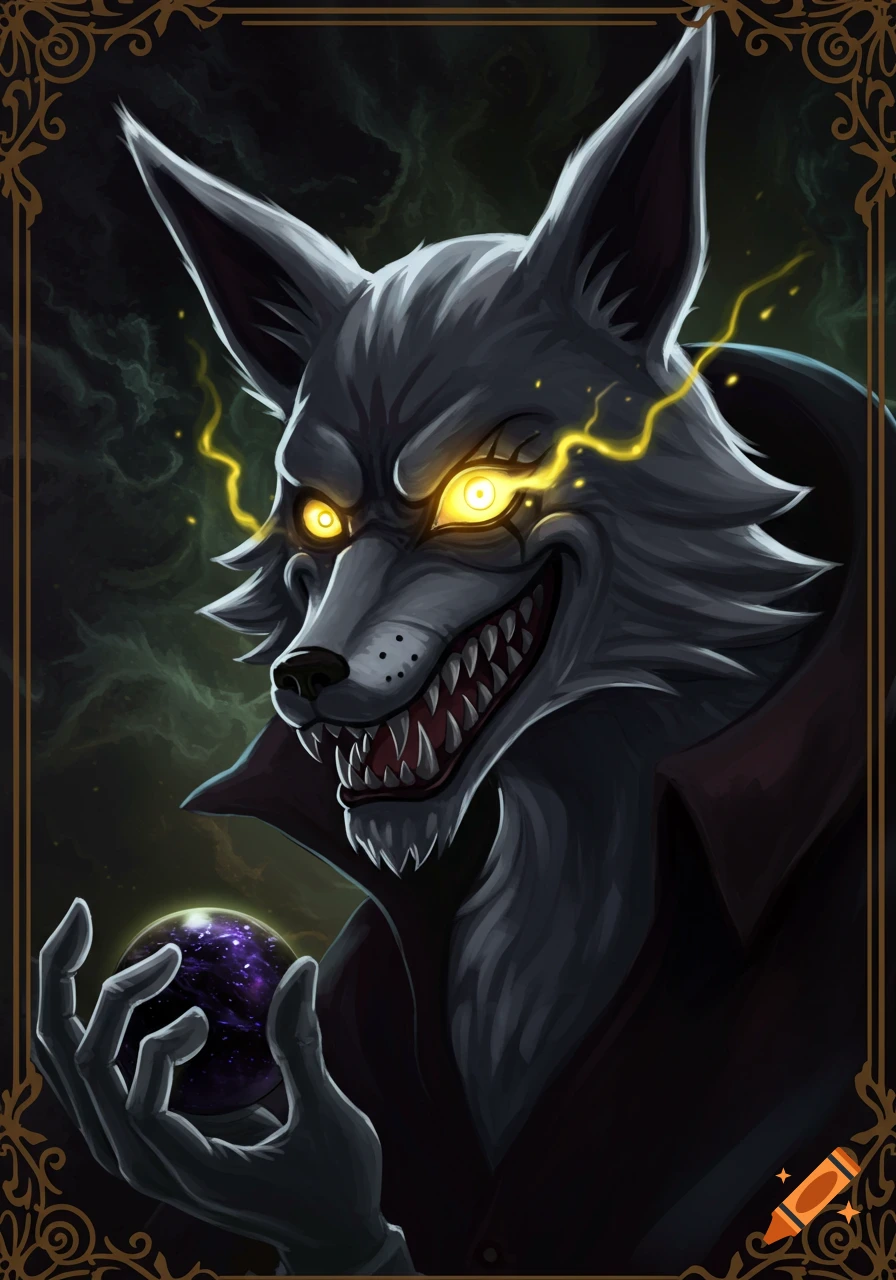 An evil, stylized grey wolf-like creature with glowing yellow eyes and sharp teeth, wearing a ...