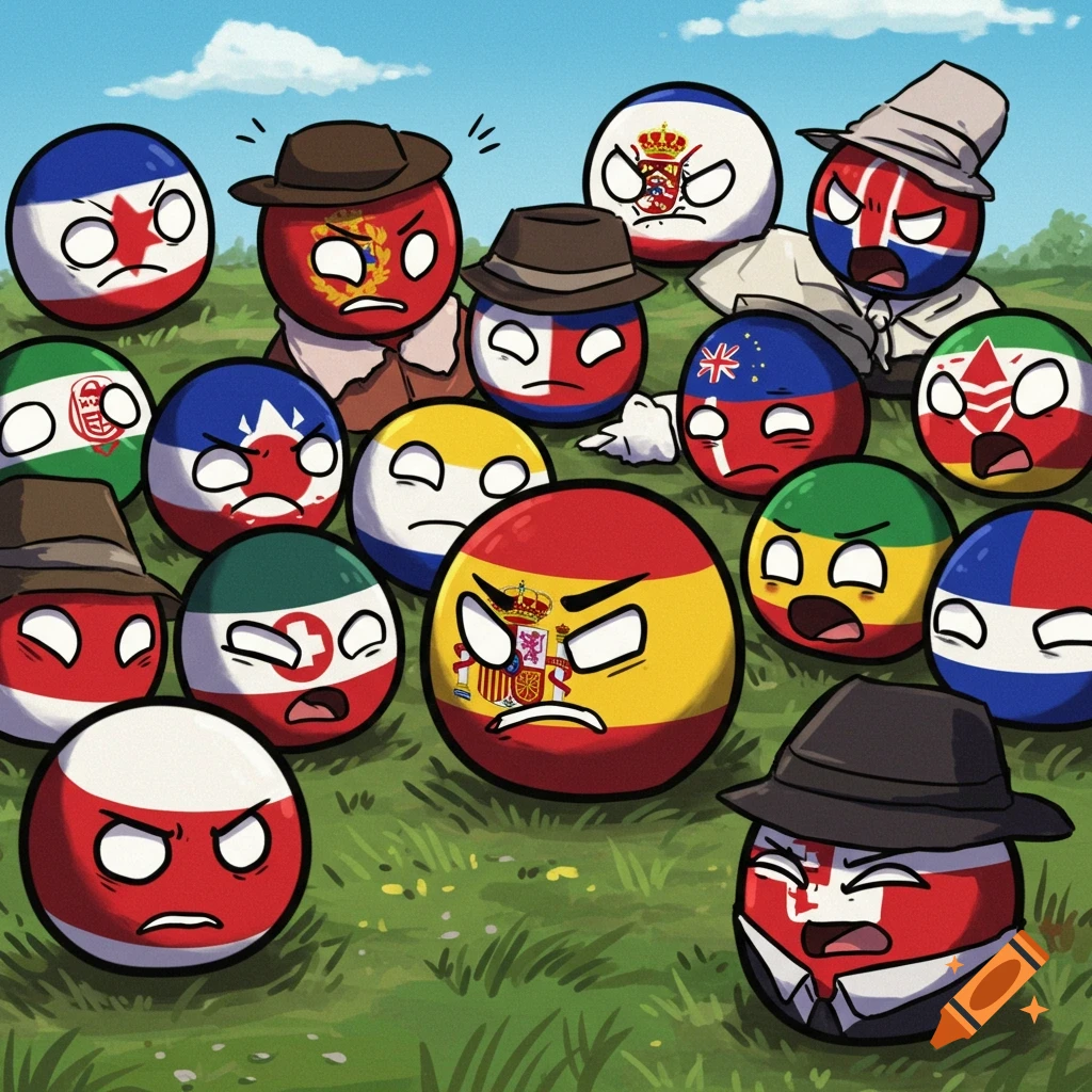 Angry cartoon Countryballs, personified nations, surround a furious ...