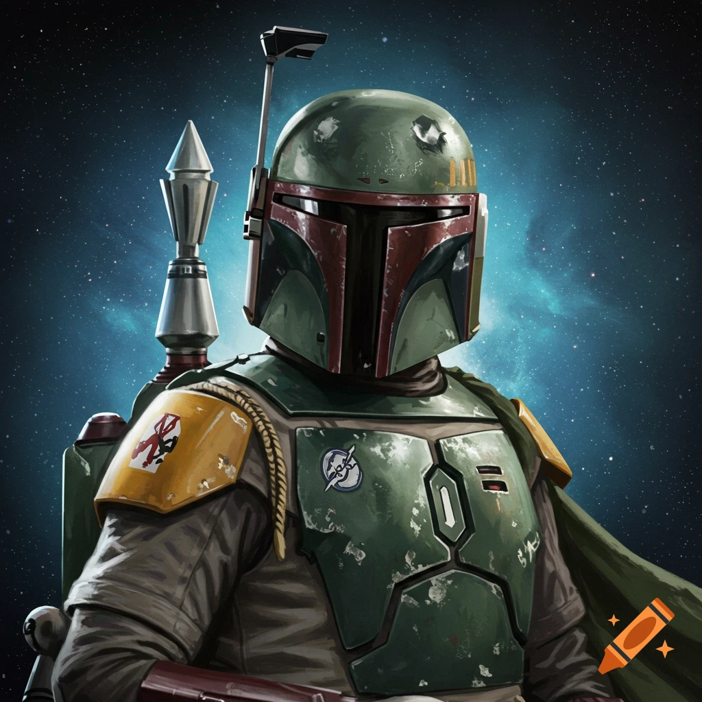 A close-up portrait of Boba Fett in his green and worn Mandalorian ...