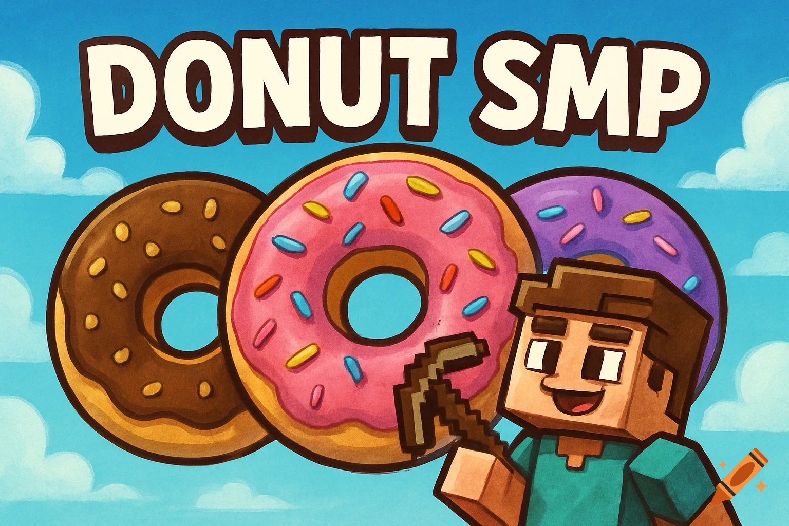 Cartoon image of three donuts and a Minecraft character holding a ...