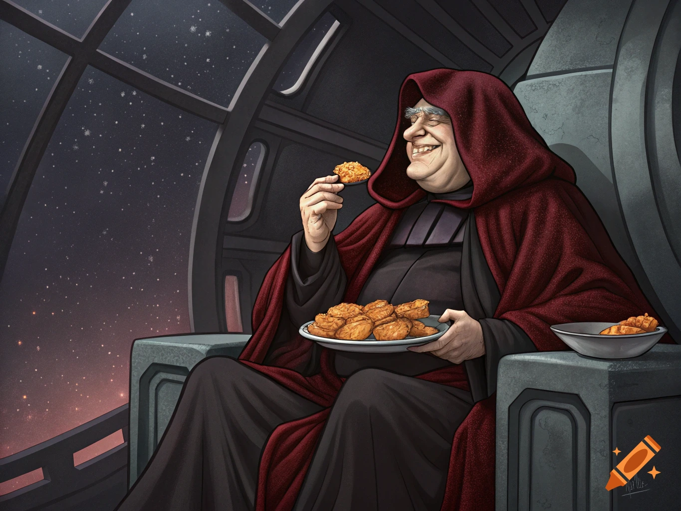 Cartoon illustration of Emperor Palpatine eating fried food on his ...