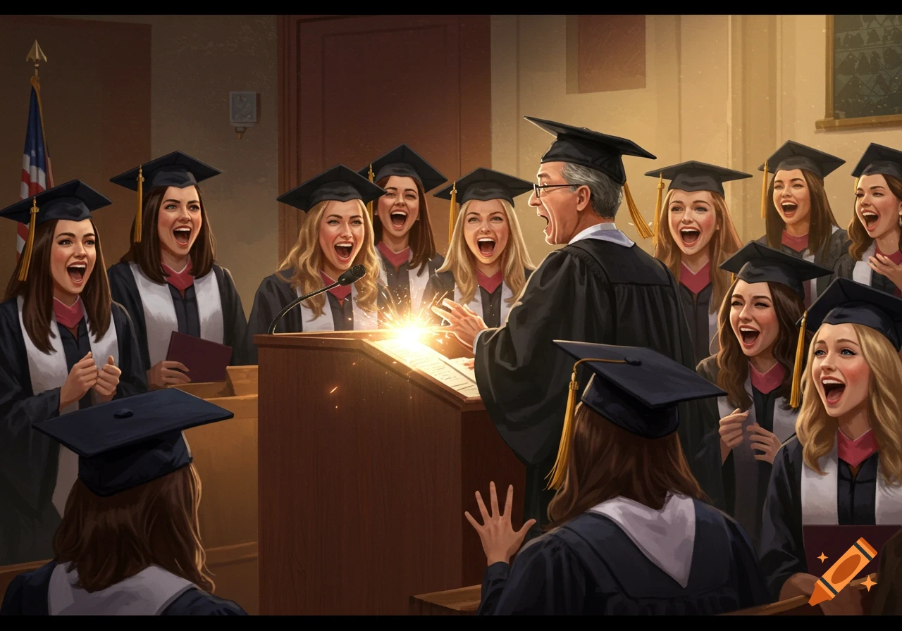 An excited group of female graduates and a male dean at a podium ...