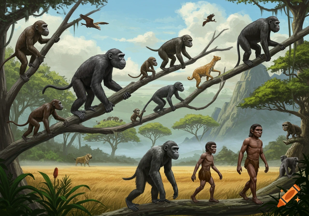 Illustration of primate evolution showing different stages from monkeys ...