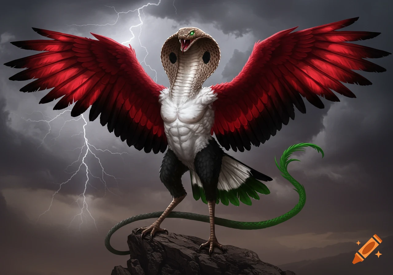 A hyper-realistic mythical creature with a cobra head, white muscular ...