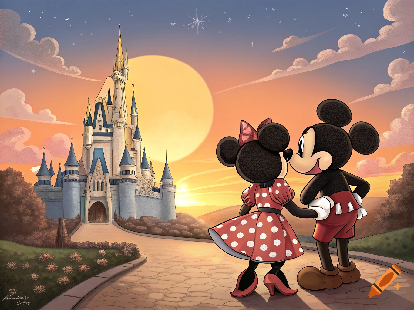 Mickey and Minnie Mouse look at Cinderella Castle at sunset in a ...