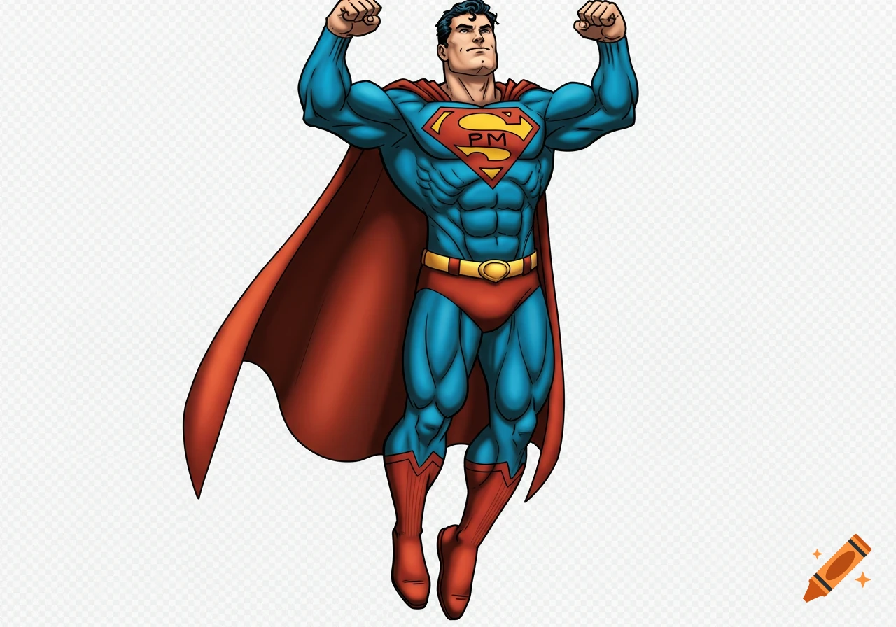 A comic book style Superman character with a 'PM' emblem on his chest ...