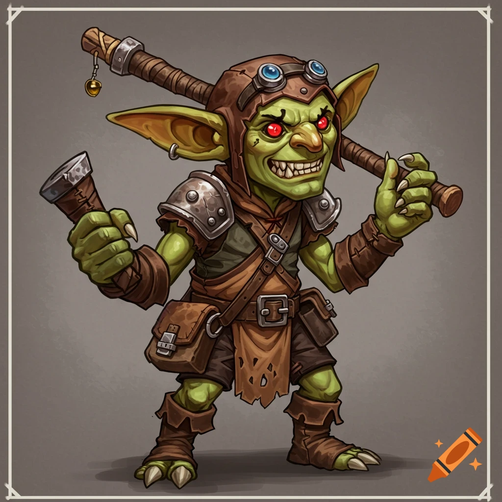 A cartoon fantasy goblin character with green skin, red eyes, and sharp ...