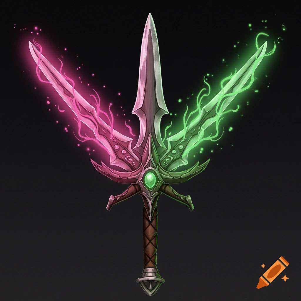 A detailed fantasy sword, split into two pieces, with glowing pink and ...