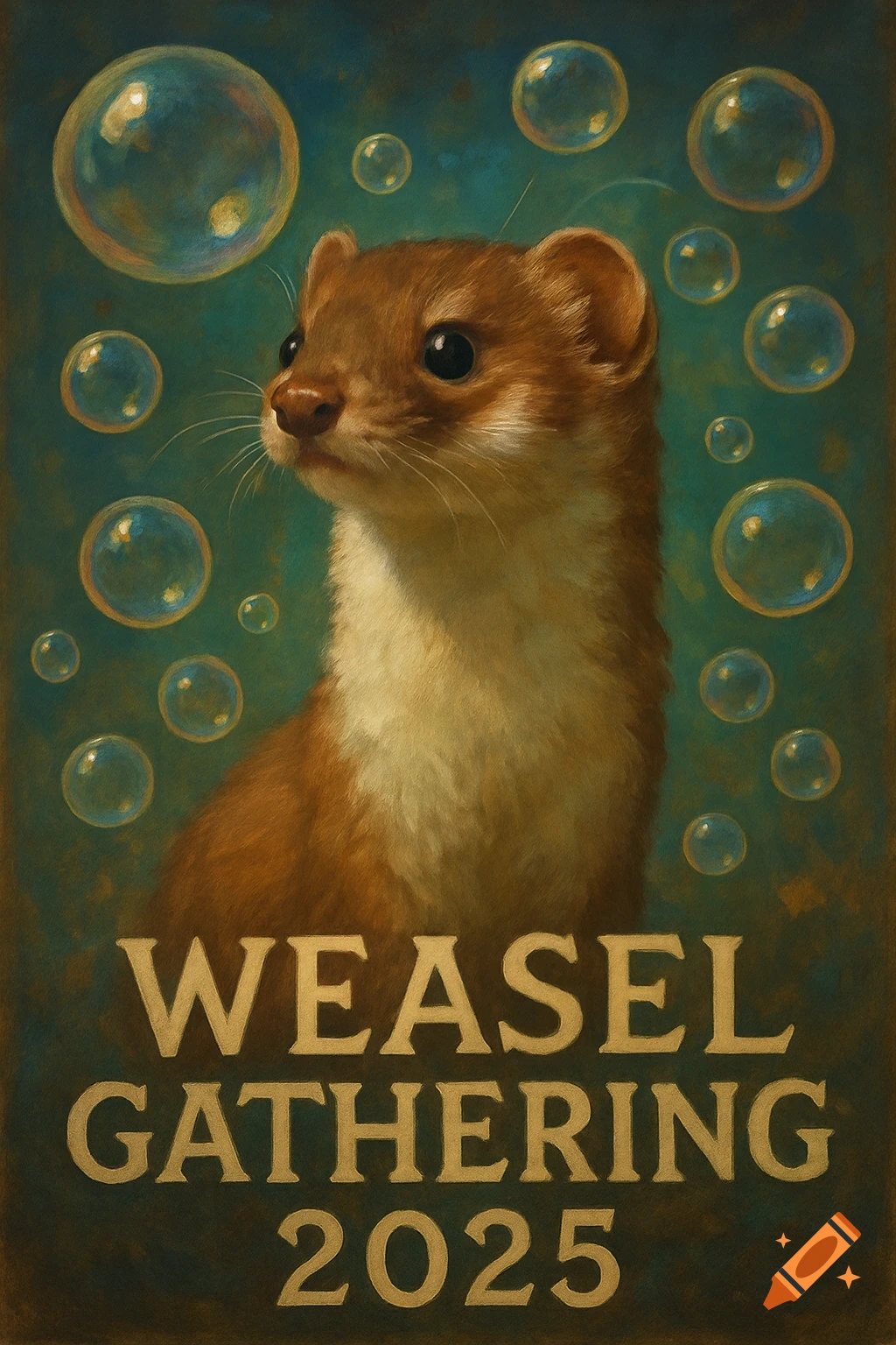 A brown and white weasel gazes up amidst blue bubbles, with gold text ...