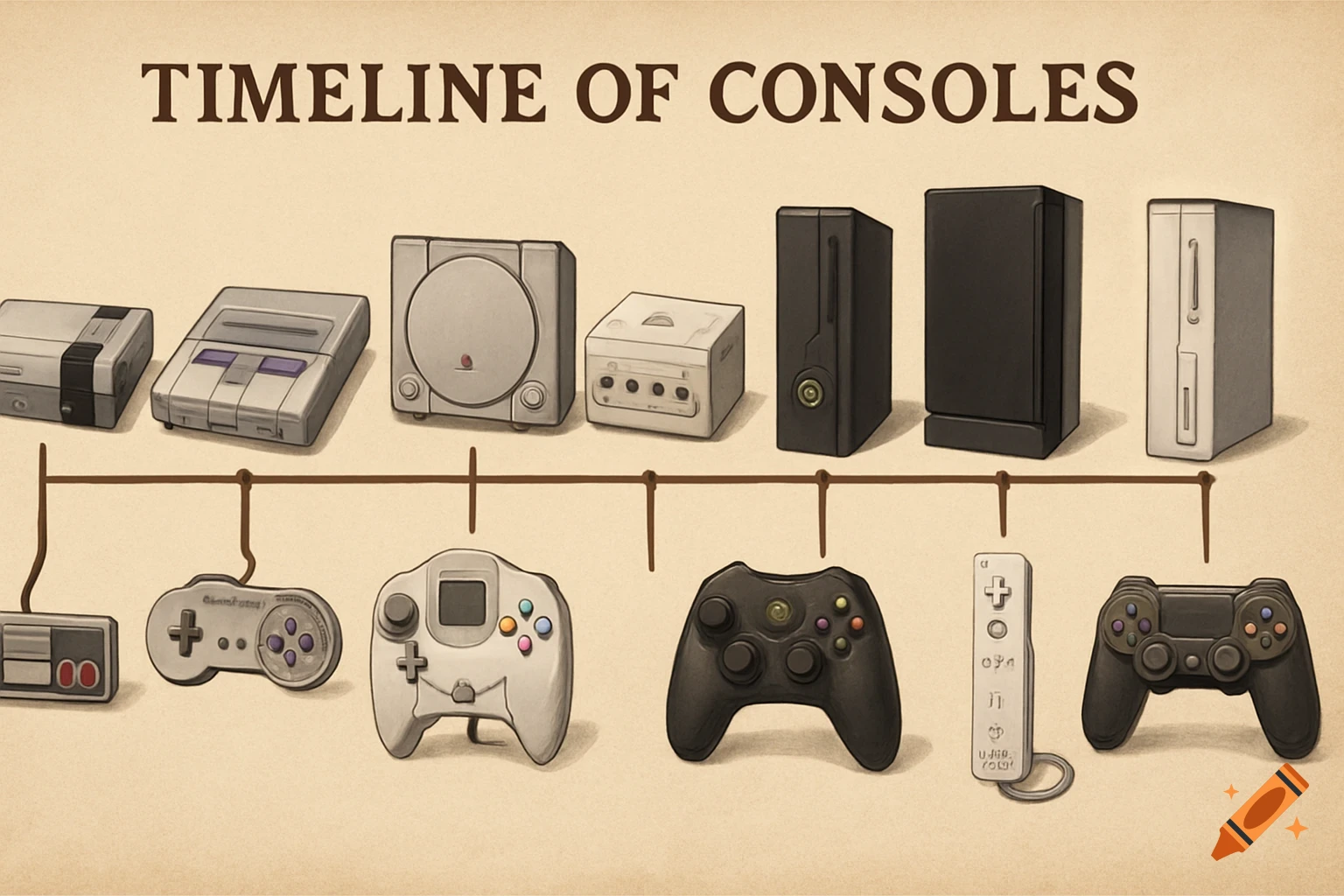 A stylized illustration showing a timeline of various video game ...