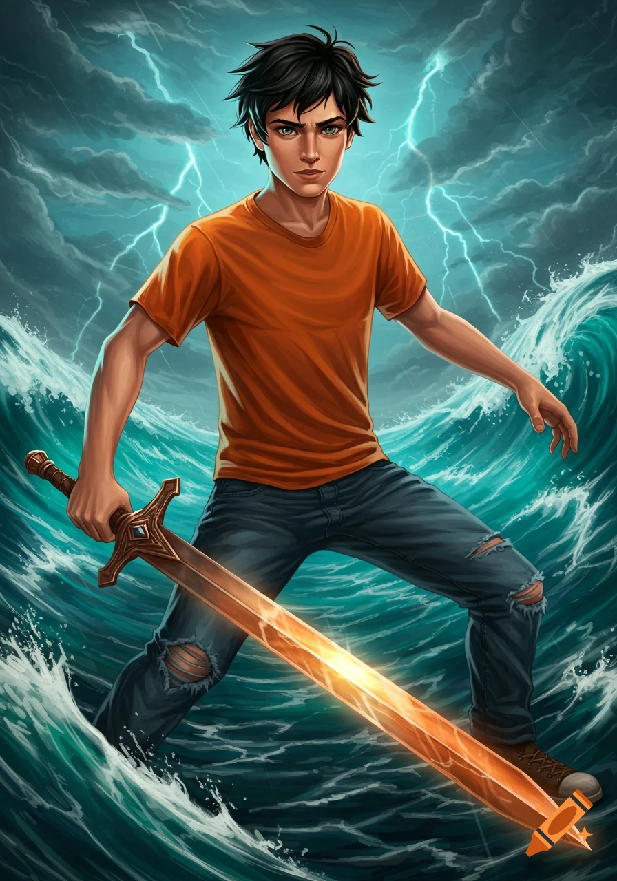Illustrated Percy Jackson stands in a stormy sea, holding a glowing ...