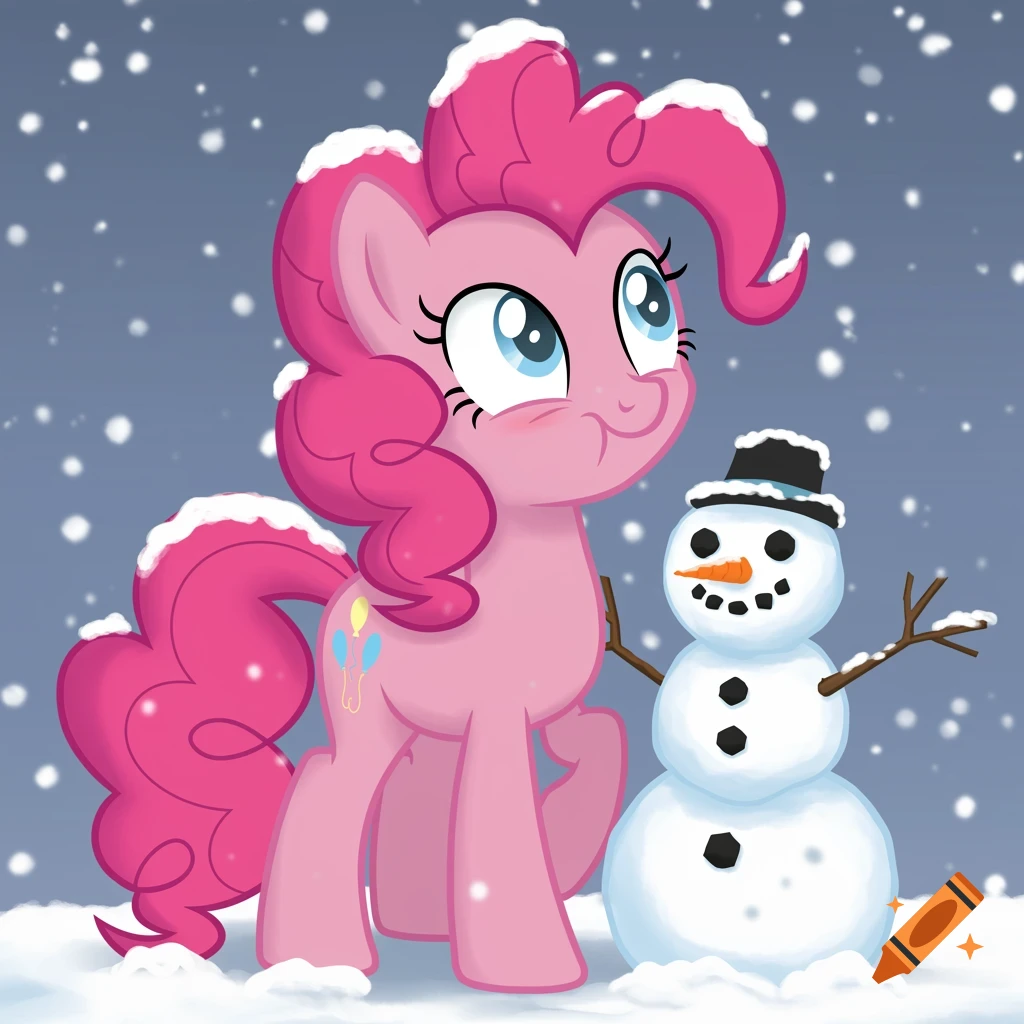 Pinkie Pie, a pink cartoon pony, stands next to a small snowman in a ...
