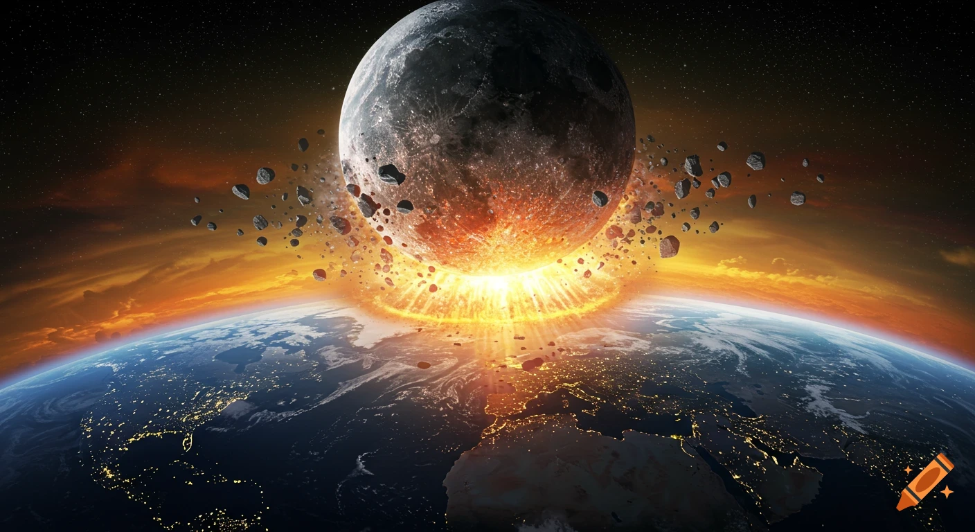 A dramatic scene of a large moon colliding with Earth, causing a massive explosion and sending ...