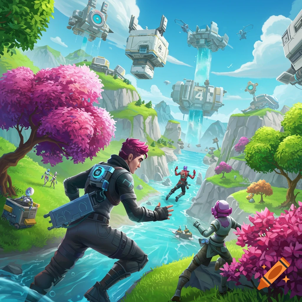 Stylized adventure scene with characters running through a river ...