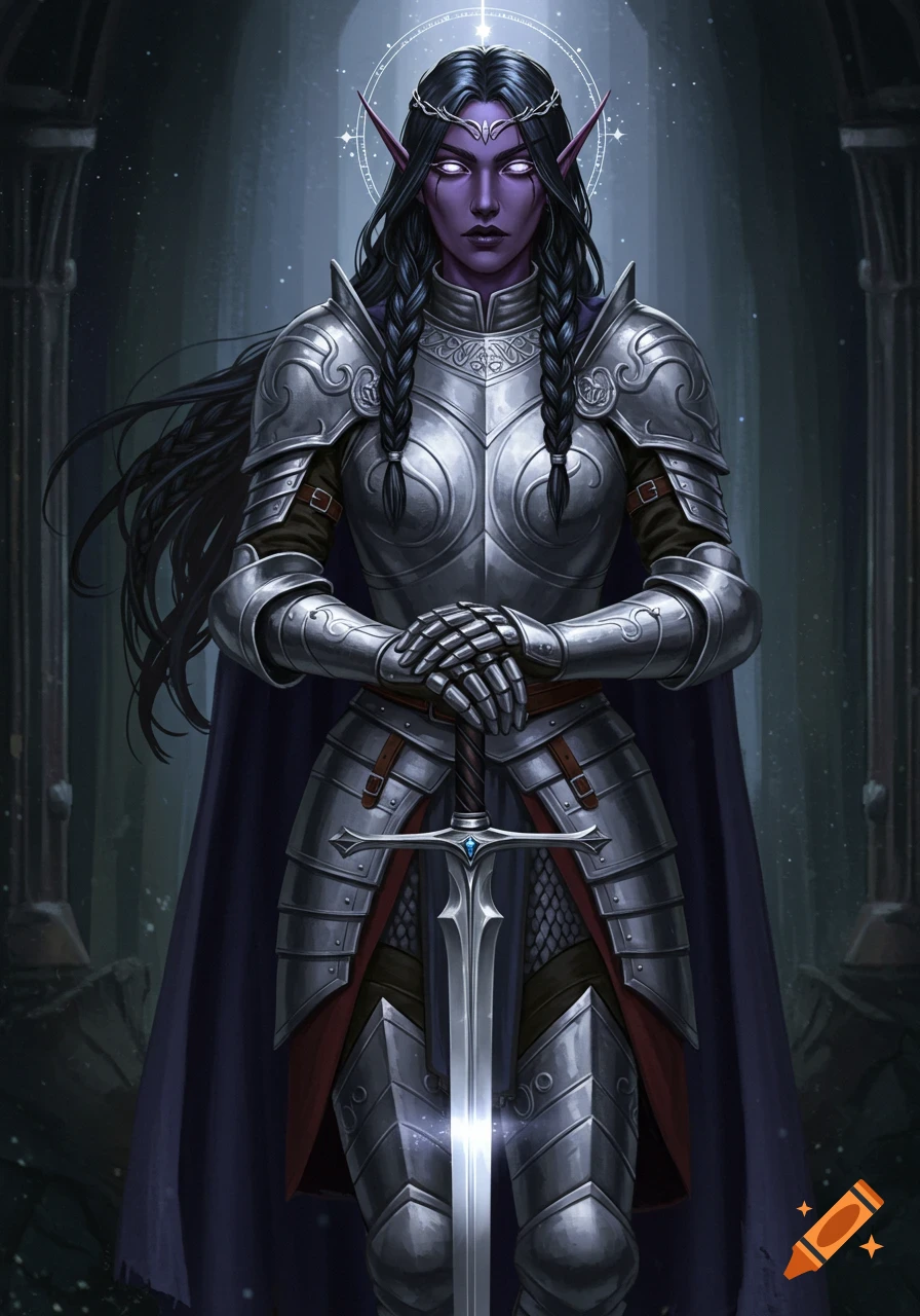 A female drow paladin in full silver armor holding a sword, standing in ...