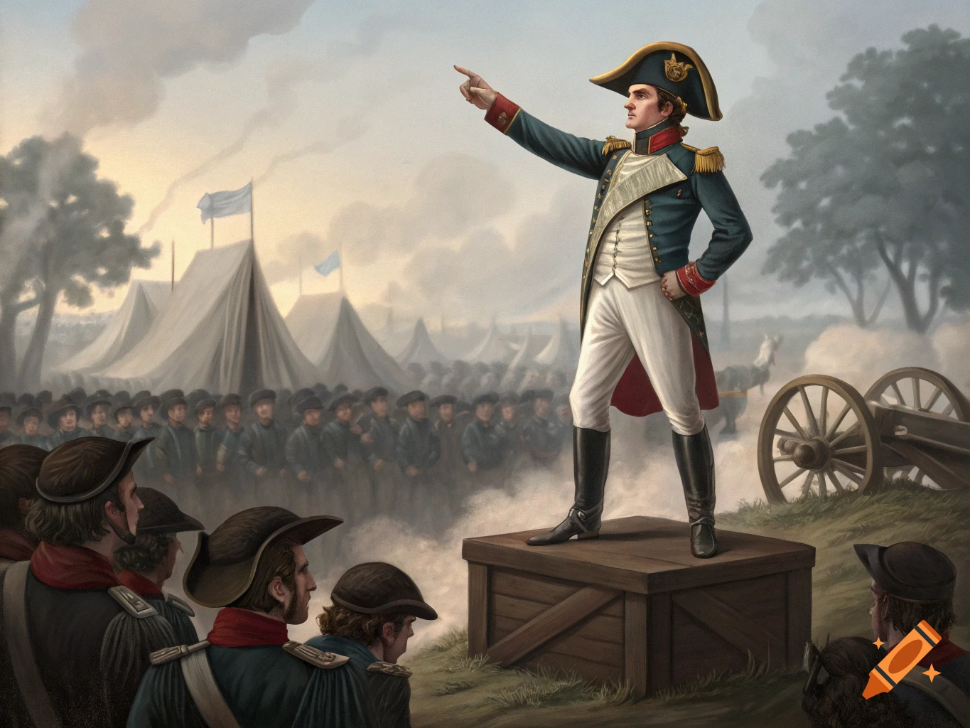 A historical painting depicts Napoleon standing on a crate, pointing as ...