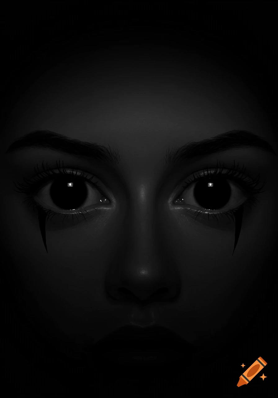 Close-up, dark stylized portrait of a person's eyes with black pupils ...