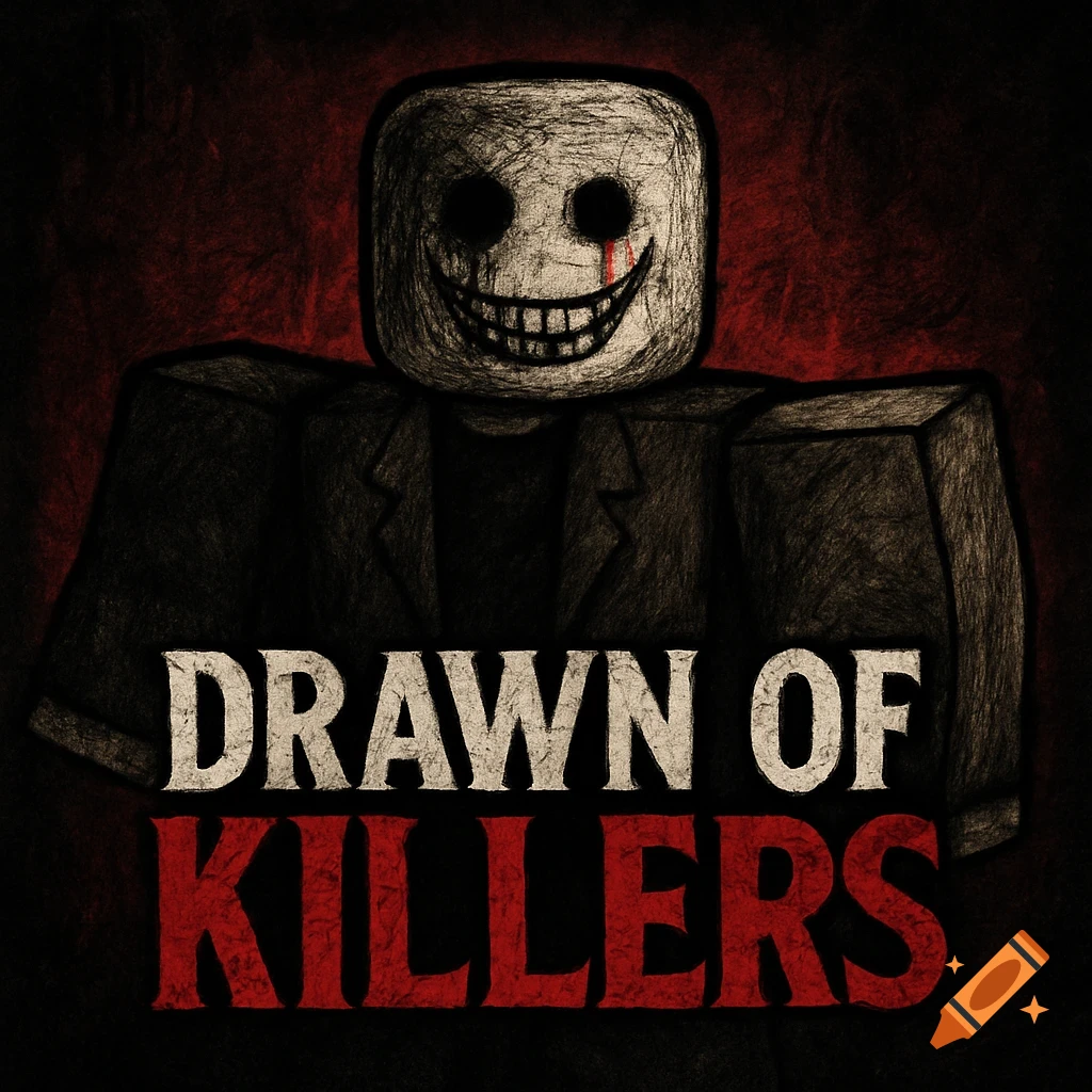 A horror game logo featuring a blocky character with a scratched white ...