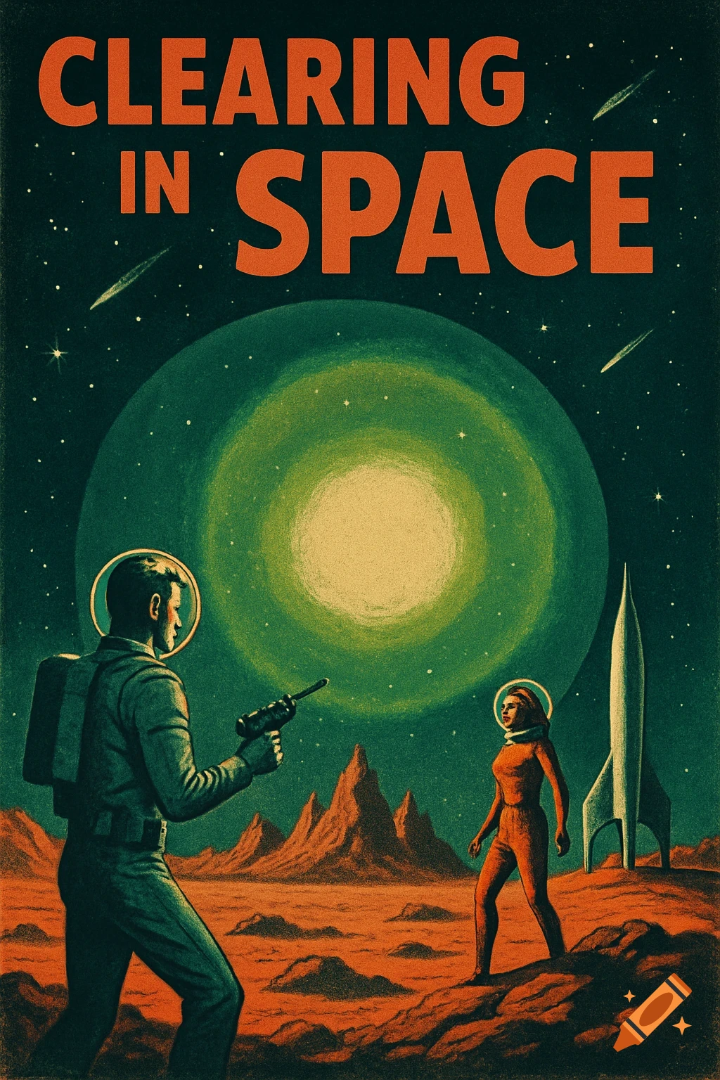 A retro 1960s sci-fi poster of two astronauts on a red planet under a ...
