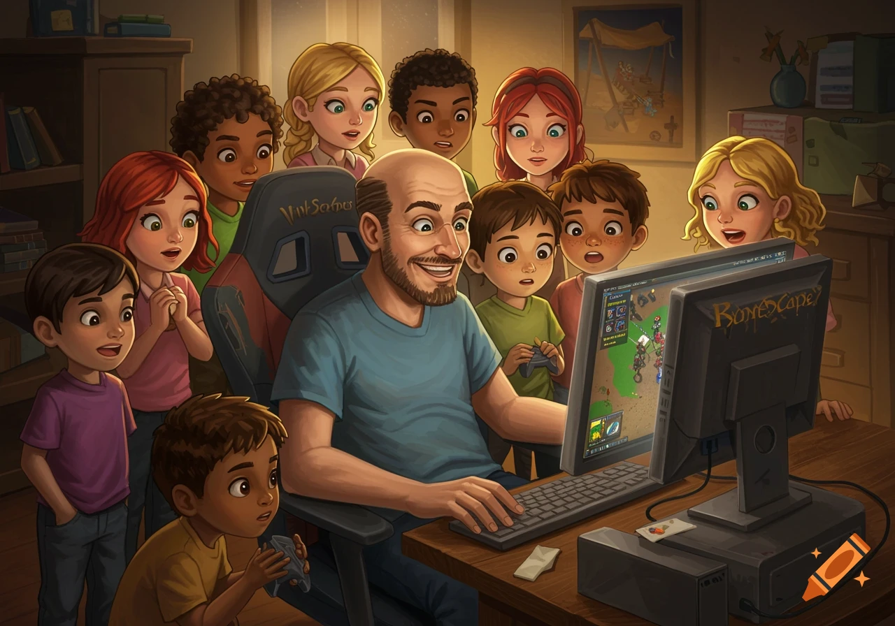A cartoon illustration of a bald man playing a video game on a computer ...