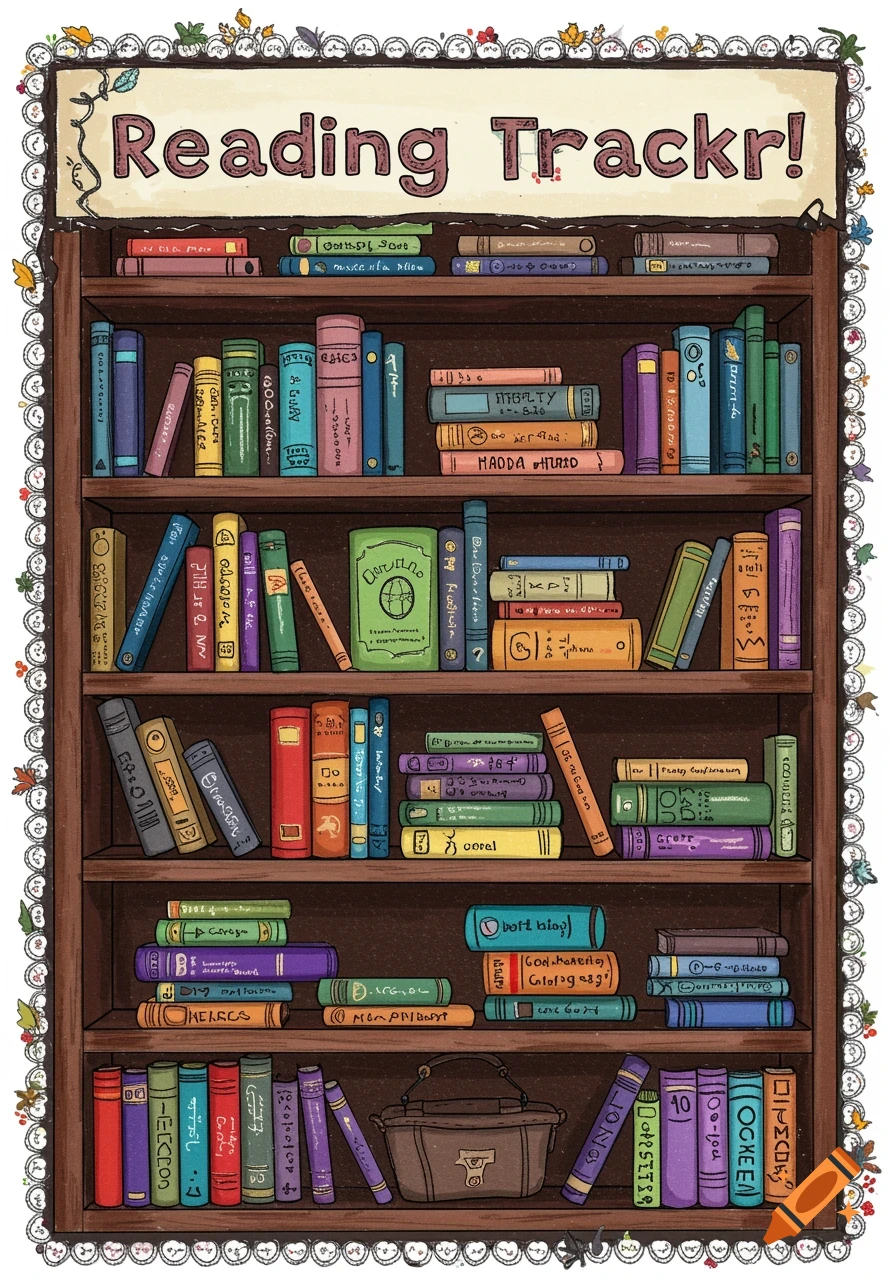 A whimsical, hand-drawn bookshelf filled with colorful books, topped ...