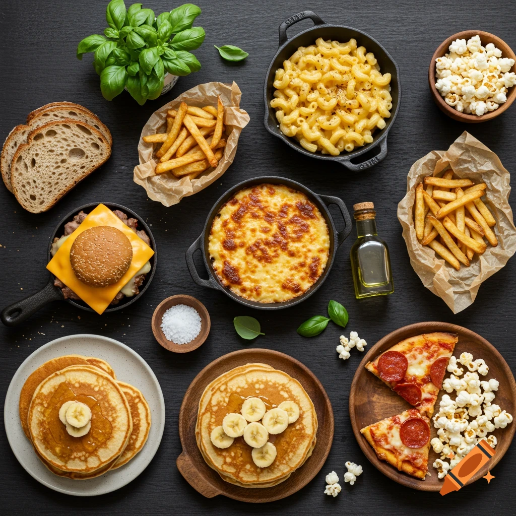 A flat lay of various comfort foods including mac and cheese ...