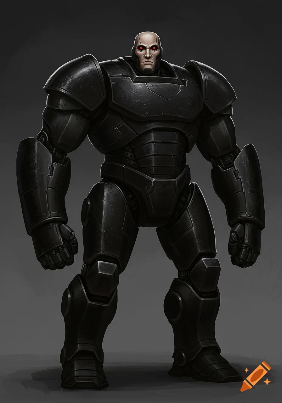 A muscular, bald man in bulky black power armor with glowing red eyes ...