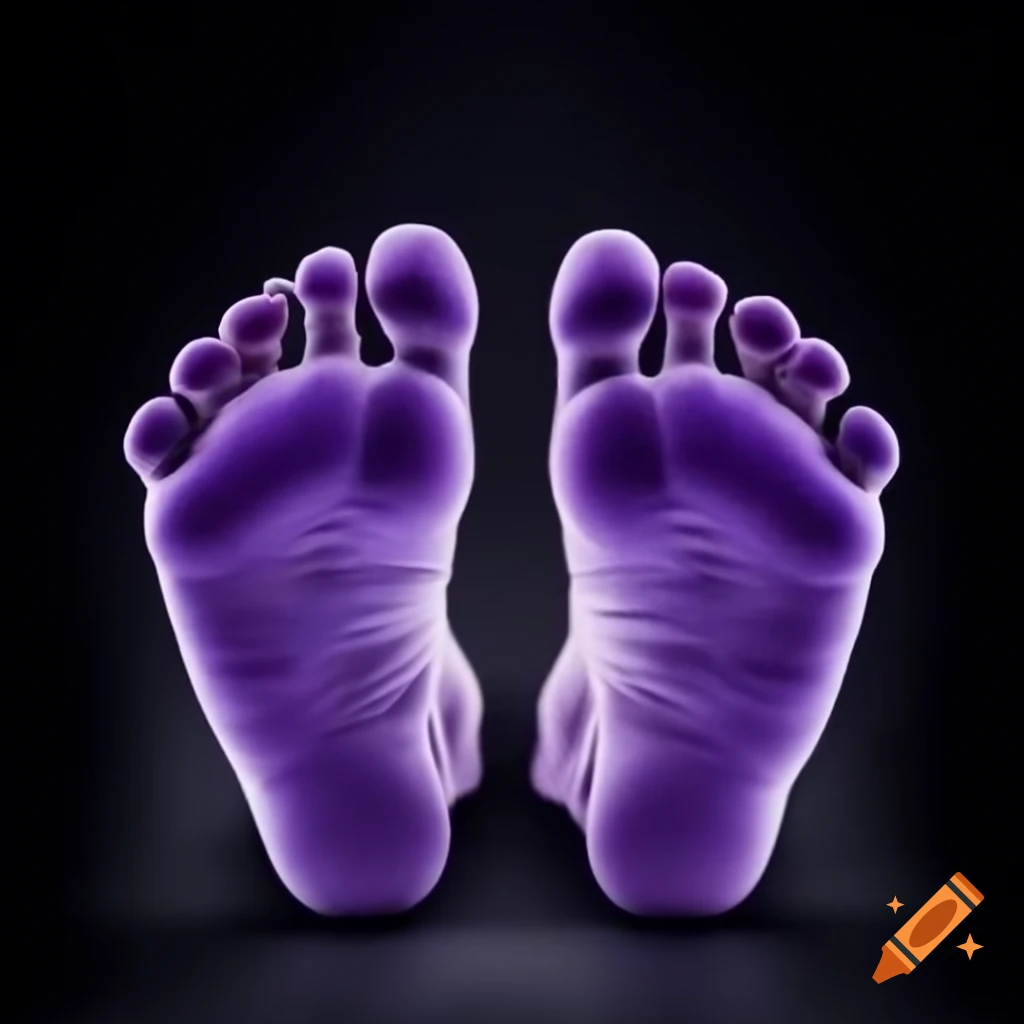 Close up of detailed purple character feet resembling Grimace on Craiyon