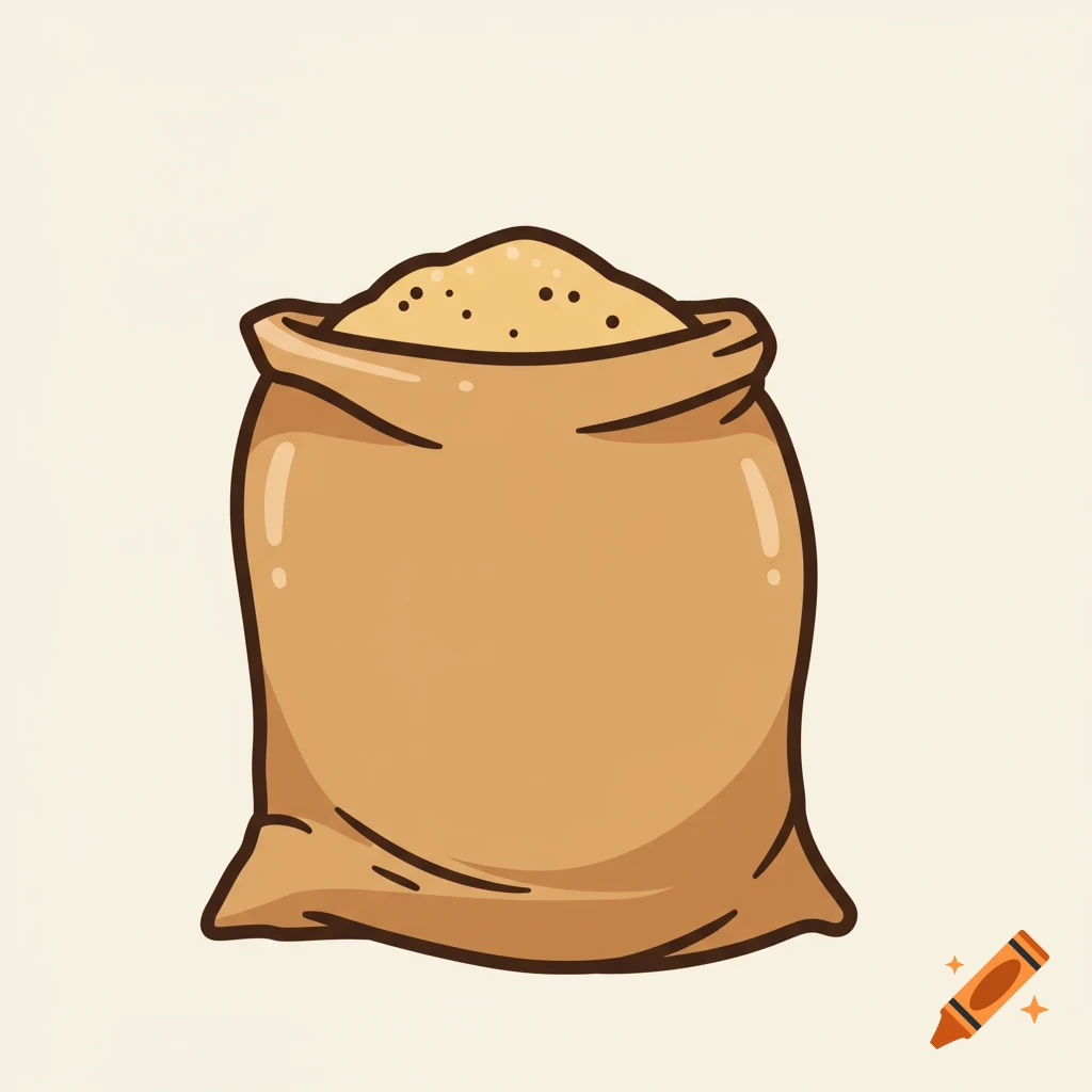 A cartoon illustration of a brown burlap sack filled with sand, set ...