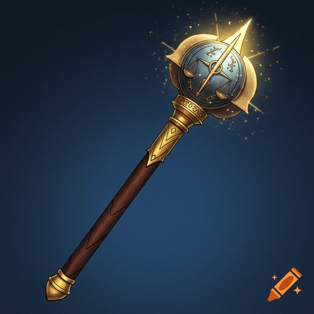 A golden and bronze holy mace with a glowing, celestial head featuring ...