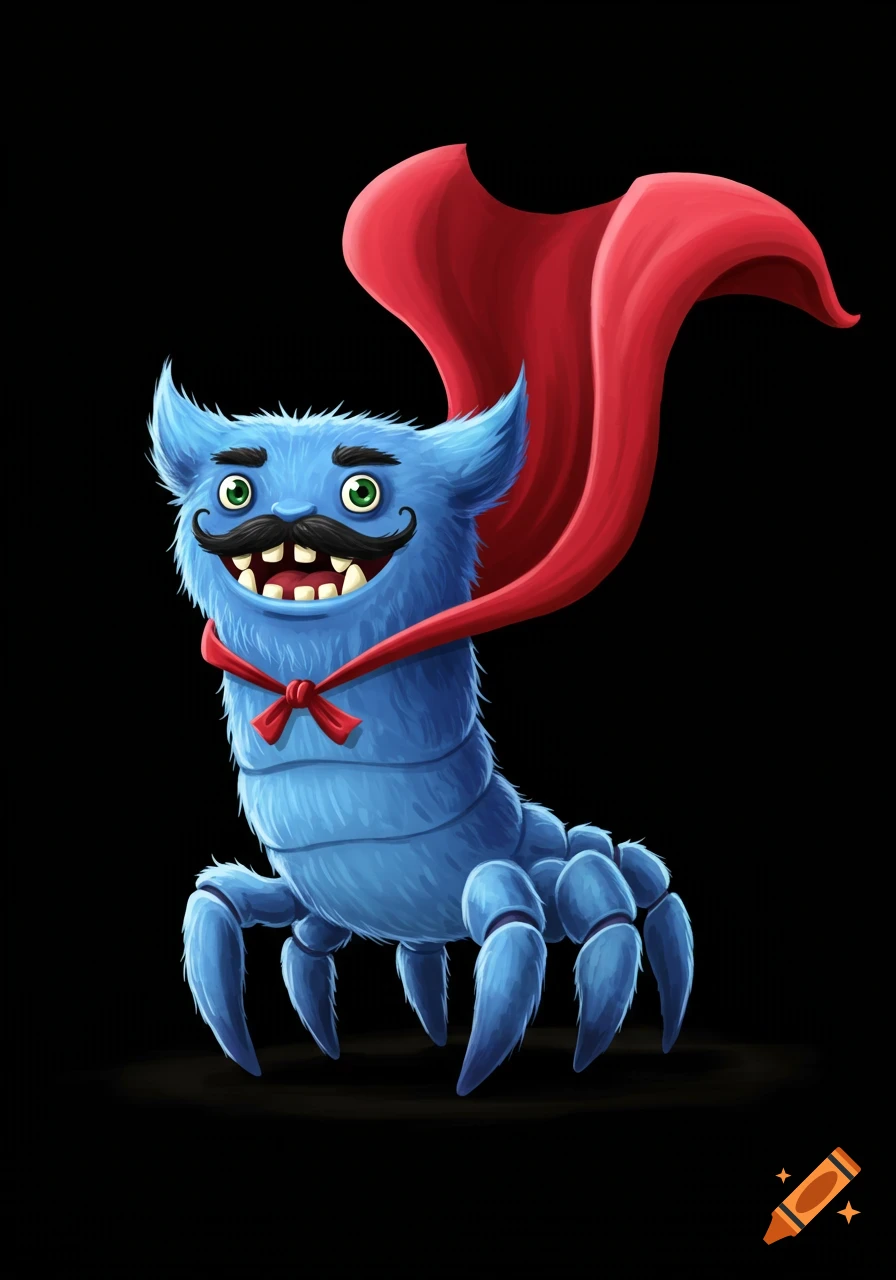 A blue, fuzzy, six-legged monster with a black mustache, green eyes ...