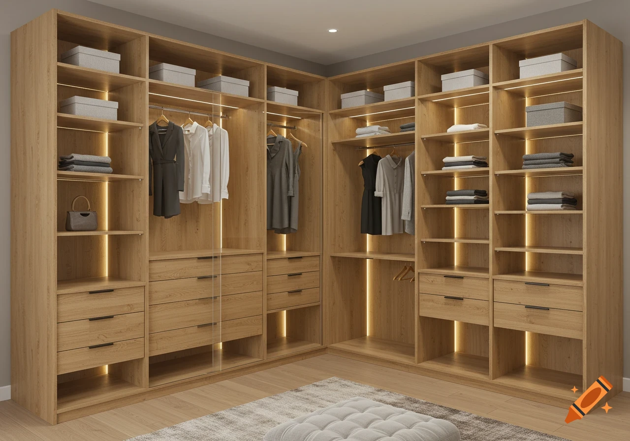 A modern L-shaped walk-in wardrobe interior made of light oak wood with ...